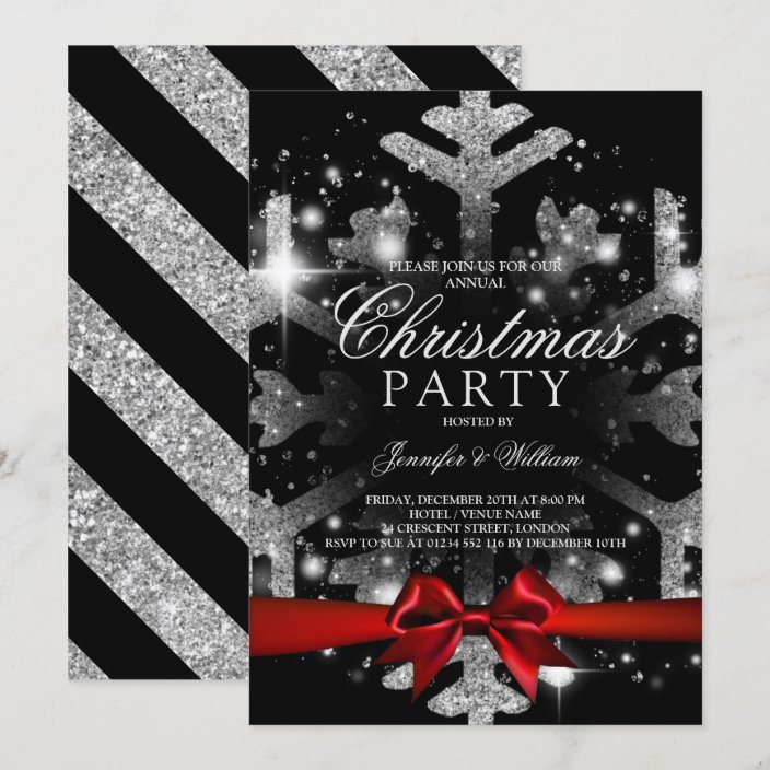 Silver Black Glitter Snowflake & Ribbon Xmas Party Invitation | Zazzle.com