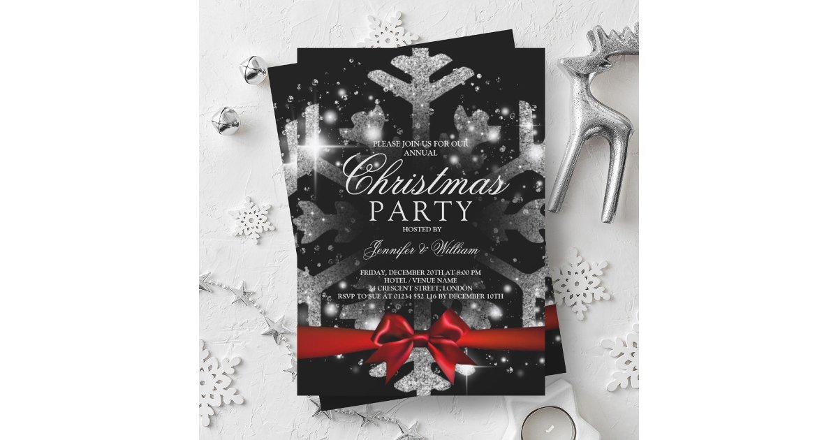 Silver Black Glitter Snowflake & Ribbon Xmas Party Invitation | Zazzle