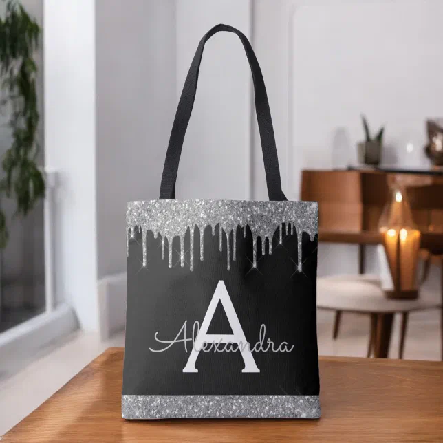 Silver Black Glitter Sparkle Elegant Monogram Tote Bag | Zazzle