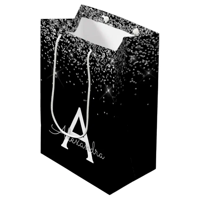 Silver Black Glitter & Sparkle Monogram Medium Gift Bag | Zazzle
