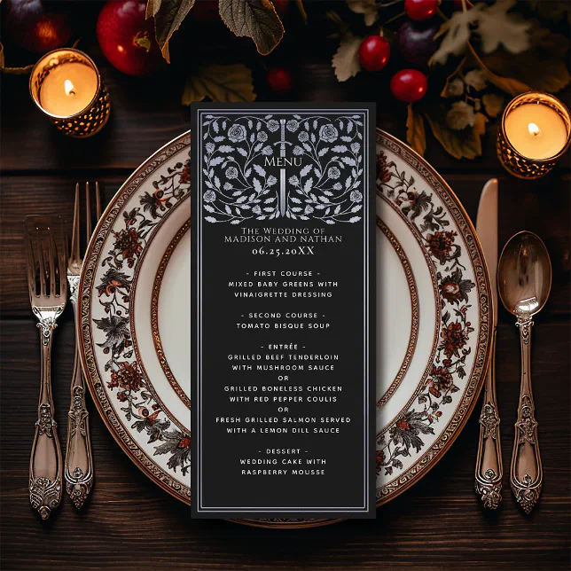 Silver Black Royal Medieval Sword Wedding Menu | Zazzle
