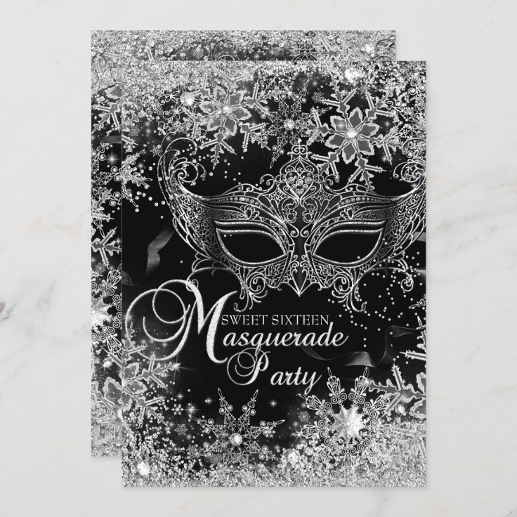 Silver Black Snowflake Mask Masquerade Sweet 16 Invitation | Zazzle