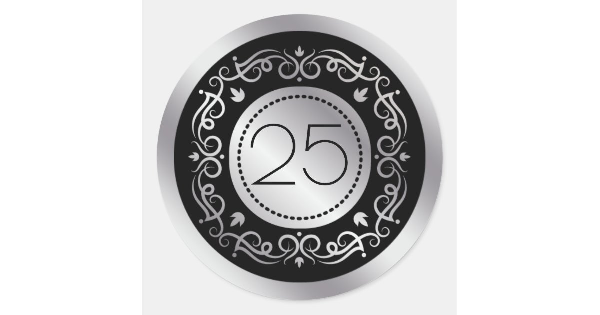 Silver black swirls 25th Wedding Anniversary Classic Round Sticker | Zazzle