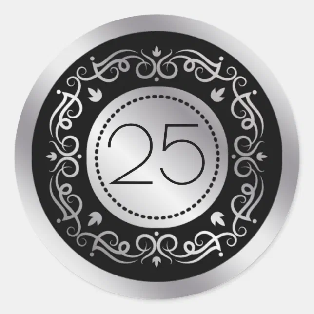 Silver black swirls 25th Wedding Anniversary Classic Round Sticker | Zazzle