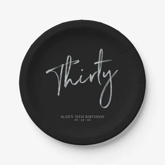 Silver & Black Thirty Lettering 30th birthday Paper Plates | Zazzle