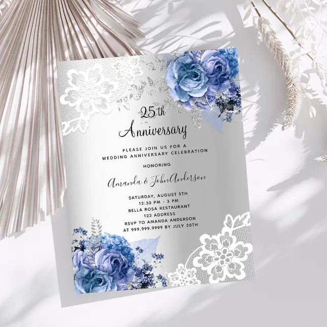 Silver blue 25th wedding anniversary invitation | Zazzle