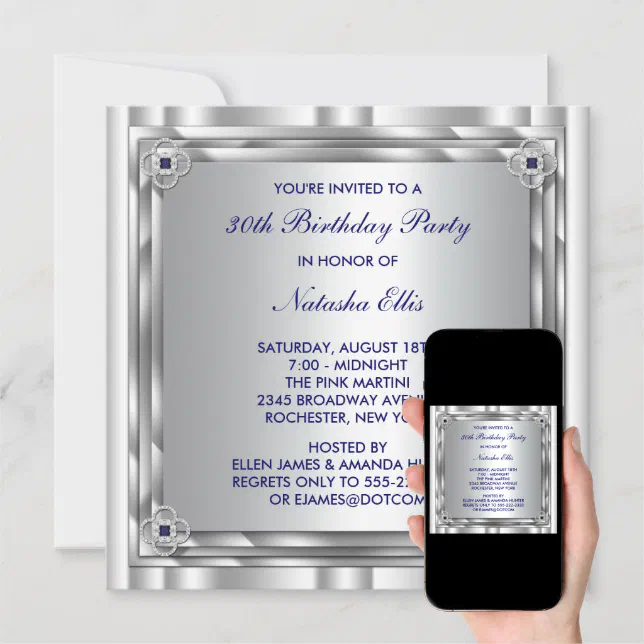 Silver Blue Birthday Party Invitation Template | Zazzle