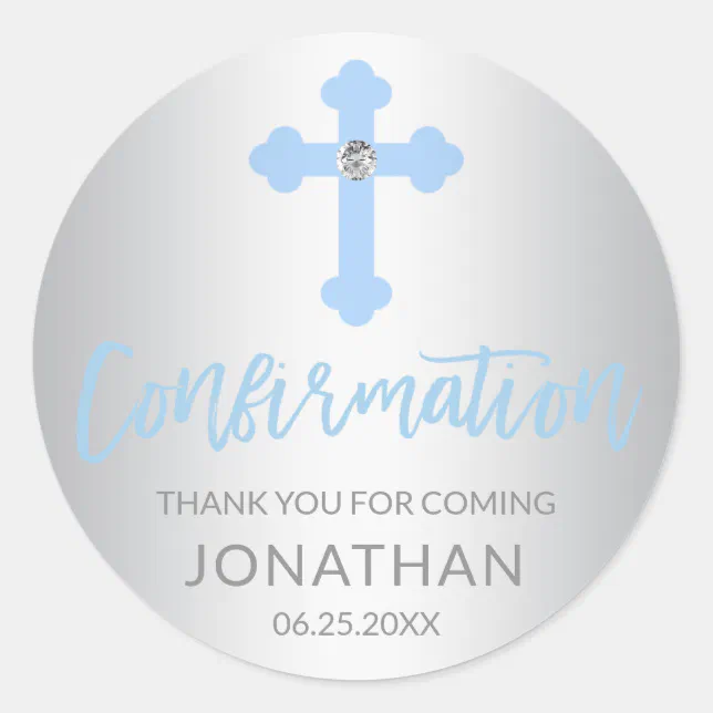 Silver Blue Cross CONFIRMATION Boy Thank You Classic Round Sticker | Zazzle