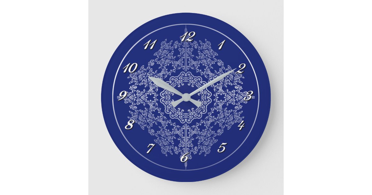 Silver & Blue Filigree Motif Wall Clock | Zazzle