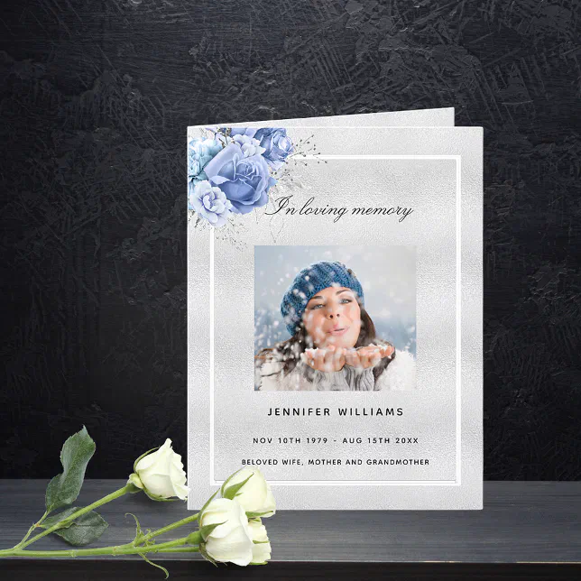 Silver blue floral photo elegant funeral program | Zazzle