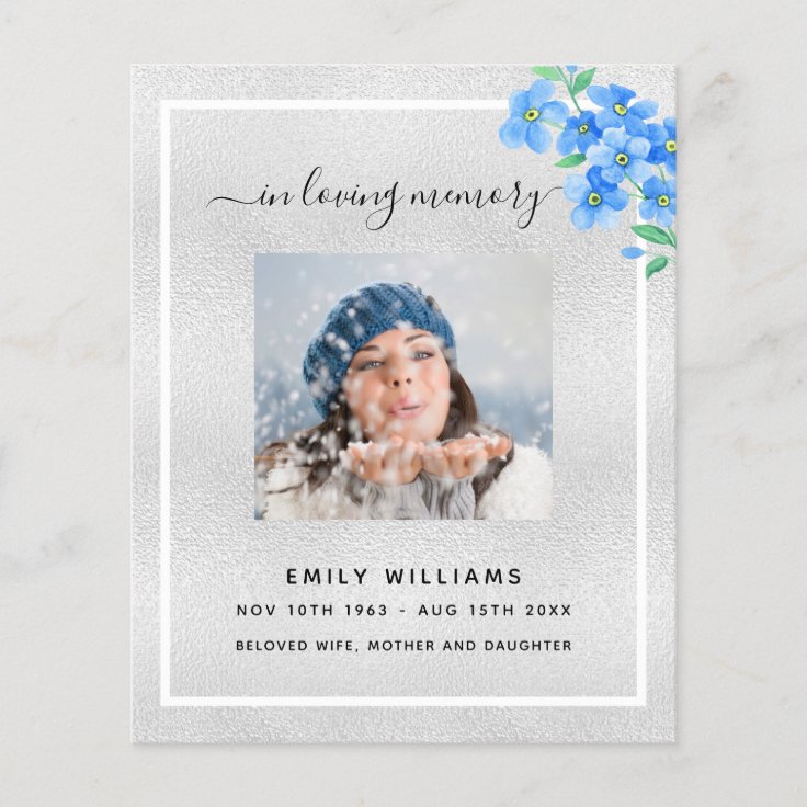 Silver blue floral photo funeral program | Zazzle