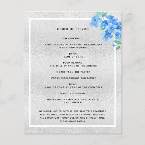 Silver blue floral photo funeral program | Zazzle