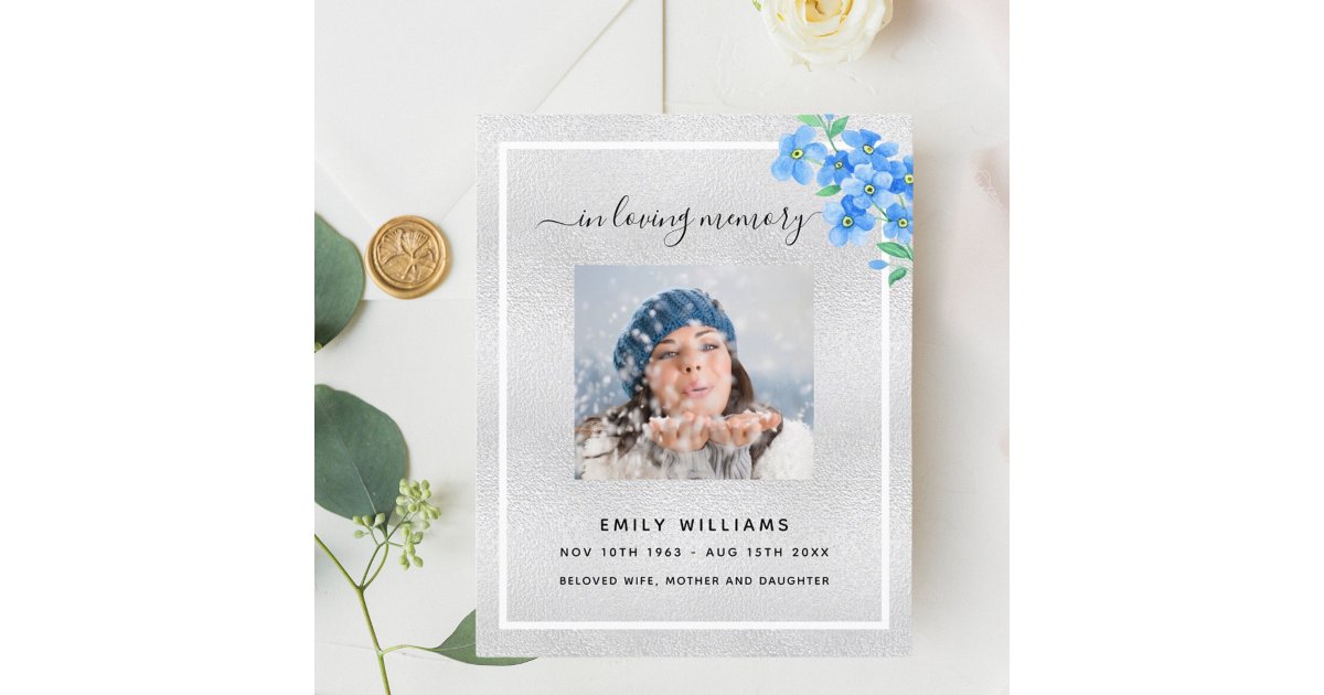 Silver blue floral photo funeral program | Zazzle