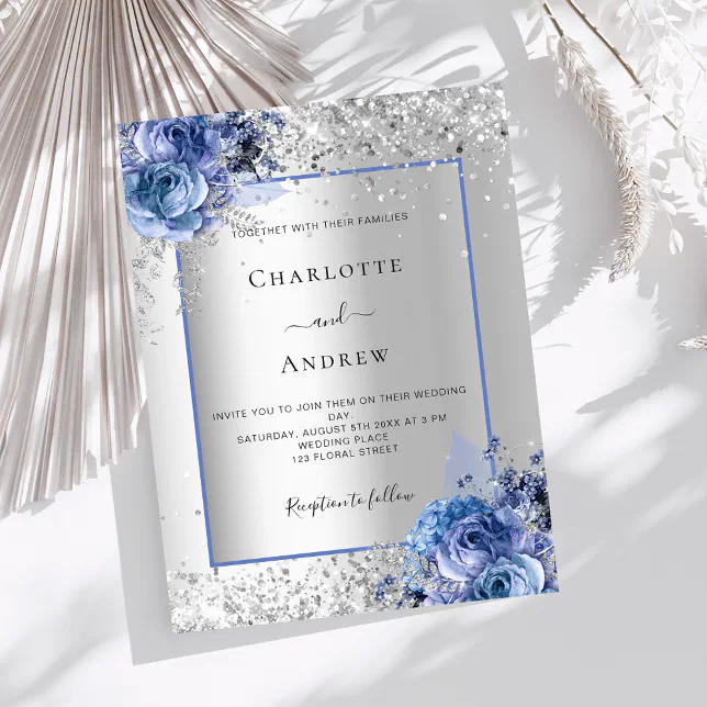 Silver blue florals luxury wedding invitation | Zazzle