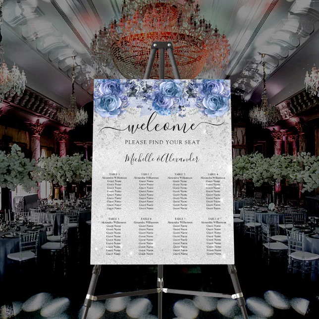 Silver blue flowers wedding seating chart foam board | Zazzle