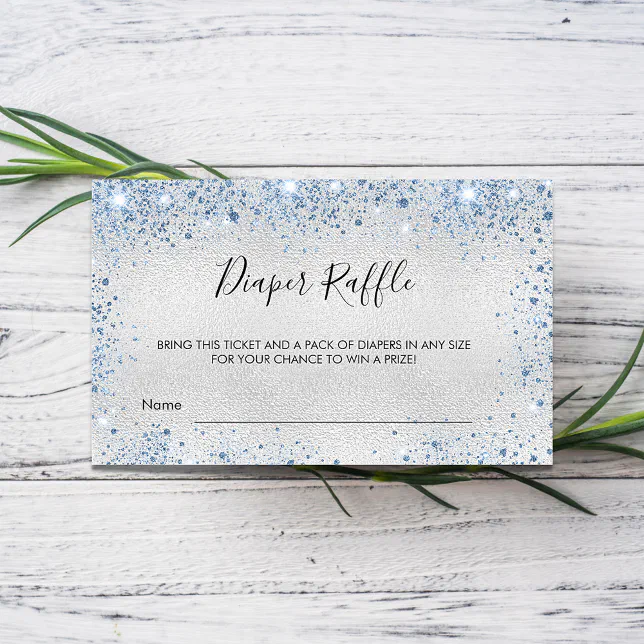 Silver blue glitter boy diaper raffle ticket enclosure card | Zazzle