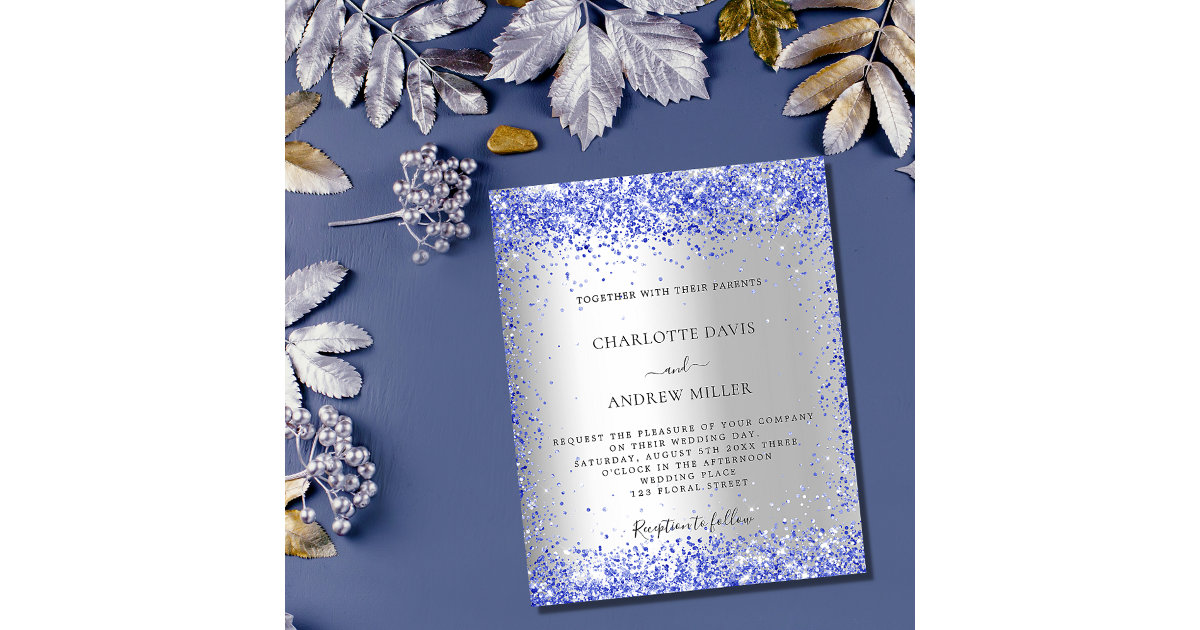 Silver blue glitter budget wedding invitation | Zazzle