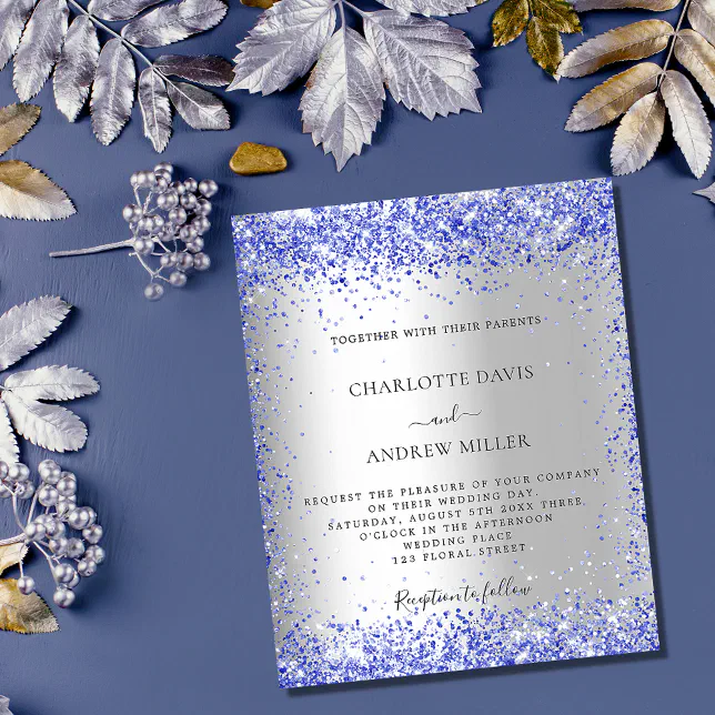 Silver blue glitter budget wedding invitation | Zazzle