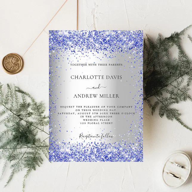 Silver blue glitter formal elegant wedding invitation | Zazzle