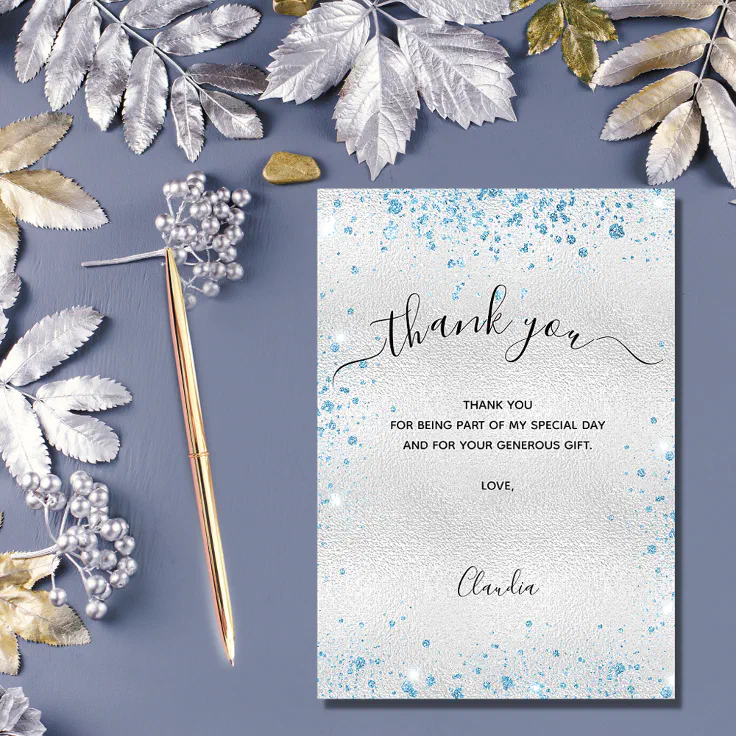 Silver blue glitter thank you card | Zazzle