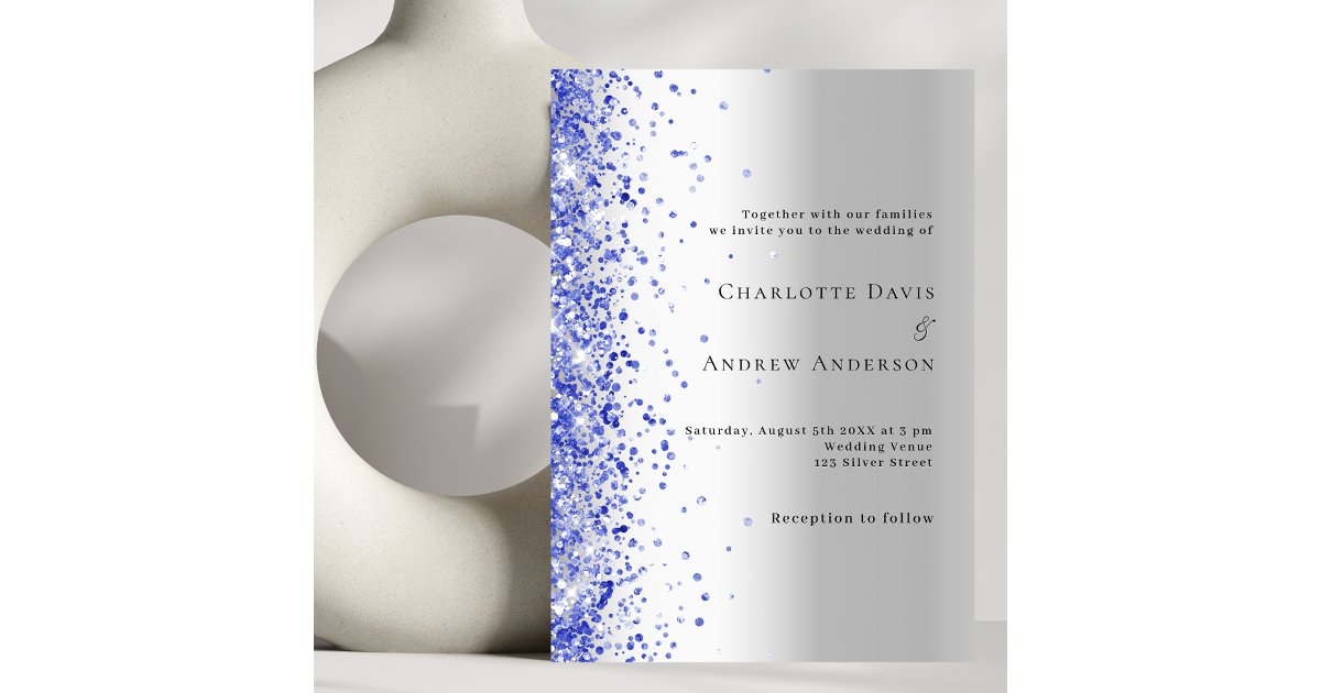 Silver blue glitter wedding invitation | Zazzle