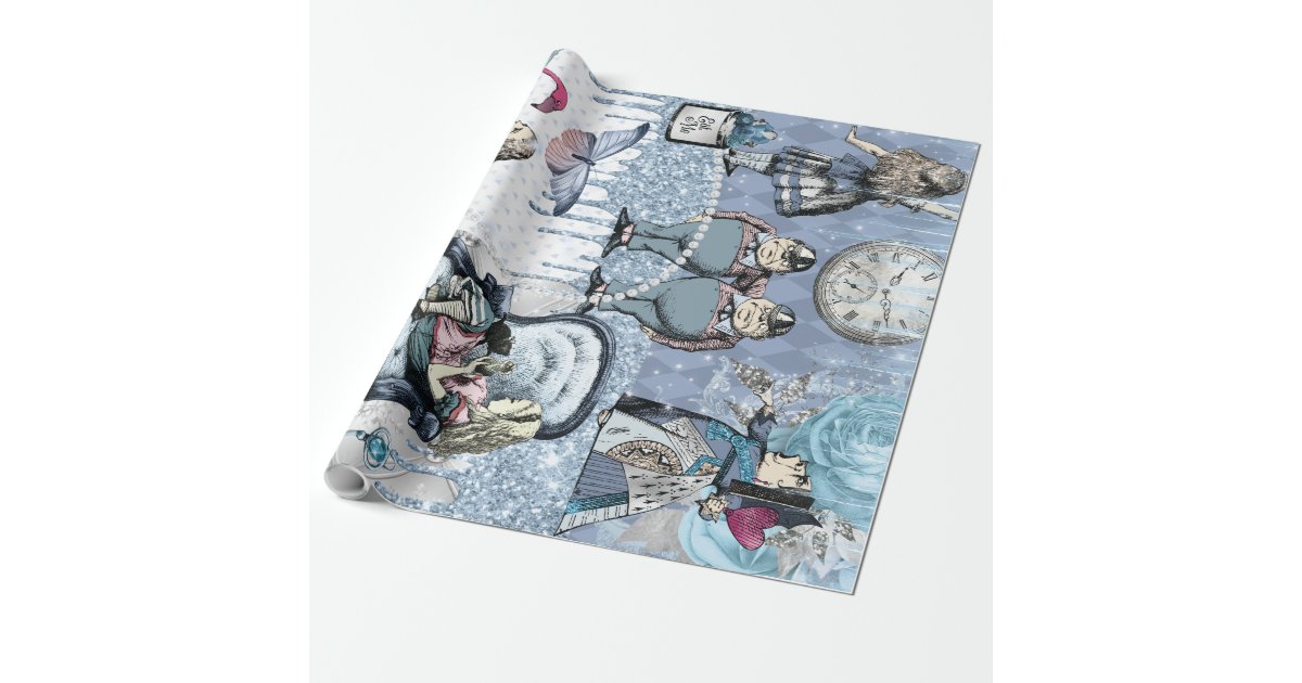 Silver Blue Ice Alice in Wonderland Wrapping Paper | Zazzle