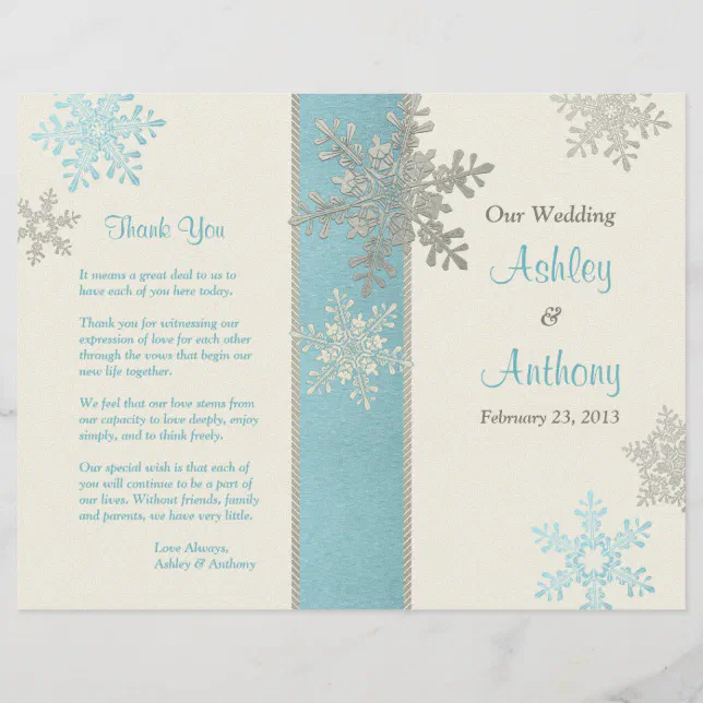 Silver Blue Ivory Snowflake Winter Wedding Program | Zazzle