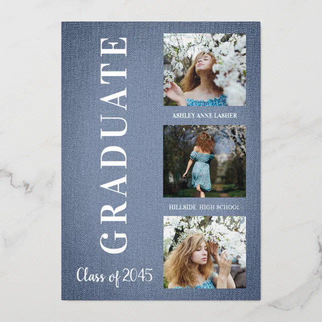 Silver Blue Modern 3 Photos Graduation Texture Foil Invitation | Zazzle