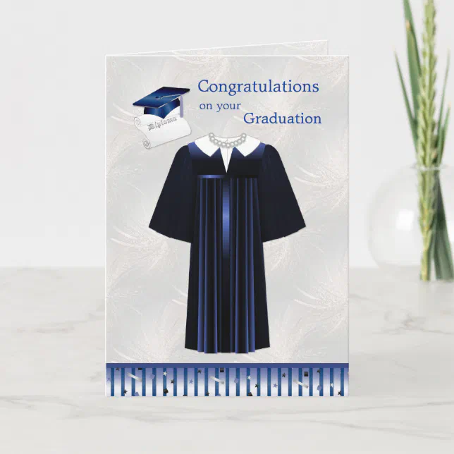 Silver blue mortar, gown and diploma Graduation Card | Zazzle
