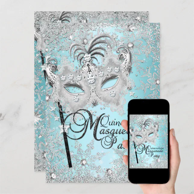 Silver Blue Snowflake Mask Masquerade Quinceanera Invitation | Zazzle