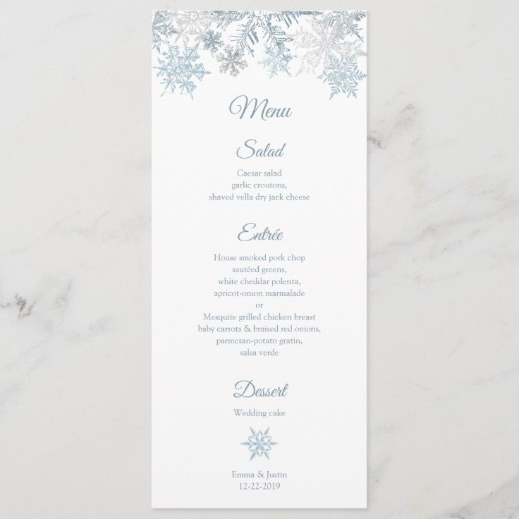 Silver Blue Snowflakes Elegant Winter Christmas Menu | Zazzle
