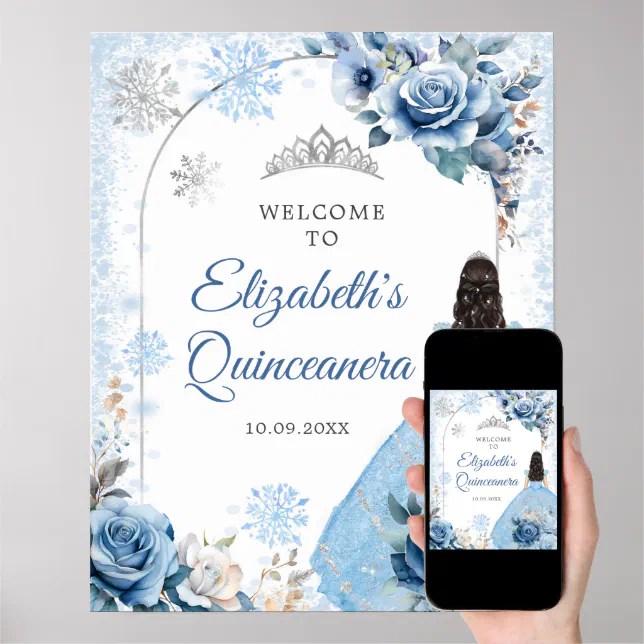 Silver Blue Winter Snowflake Mis Quince Welcome Poster | Zazzle