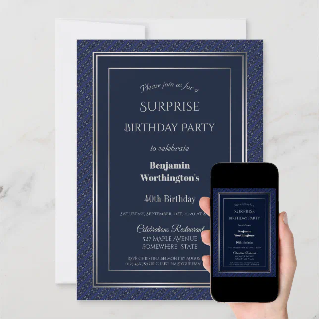 Silver Border Blue Surprise 40th Birthday Party Invitation | Zazzle