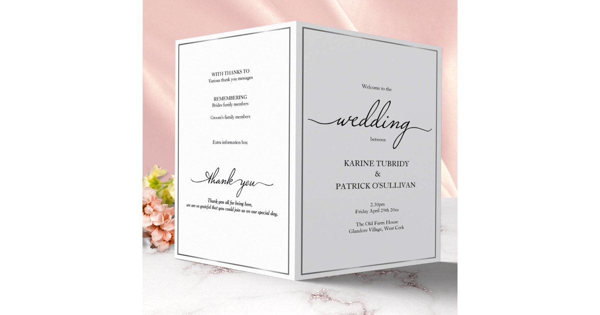 Silver border wedding program with elegant font | Zazzle