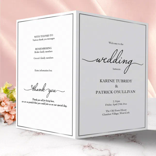 Silver border wedding program with elegant font | Zazzle