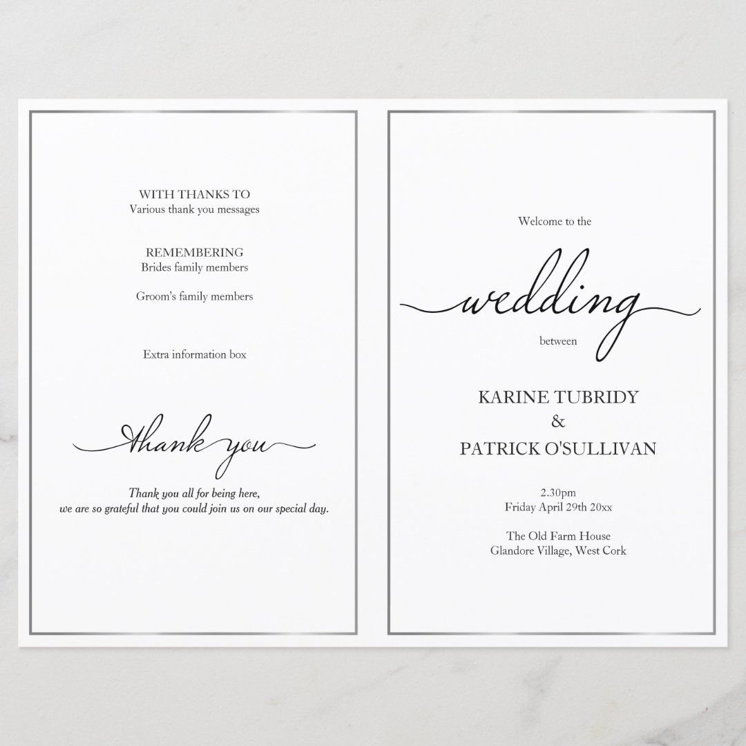 Silver border wedding program with elegant font | Zazzle