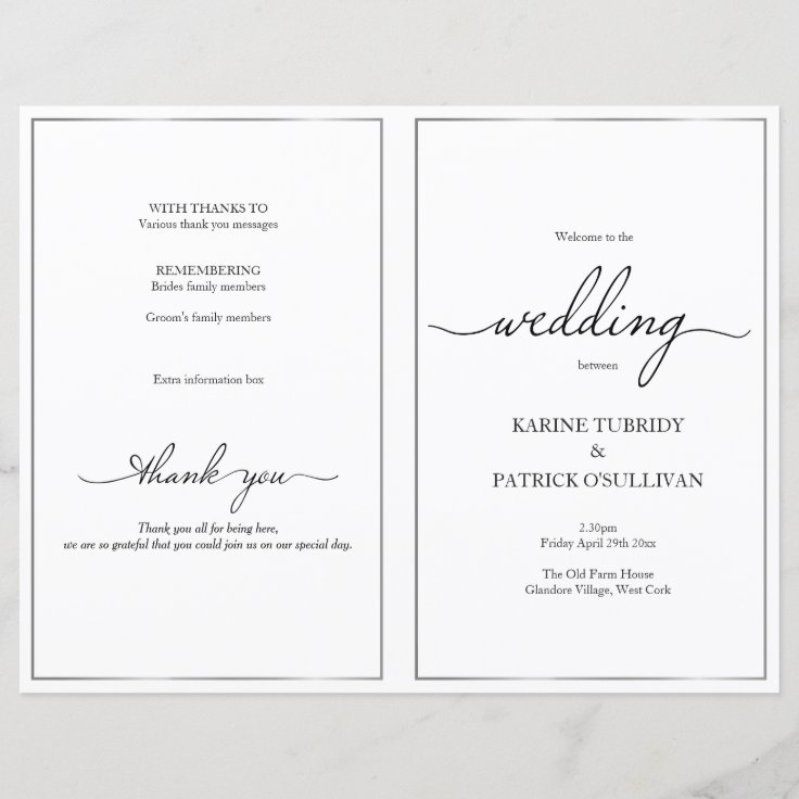 Silver border wedding program with elegant font | Zazzle
