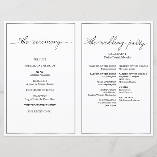 Silver border wedding program with elegant font | Zazzle