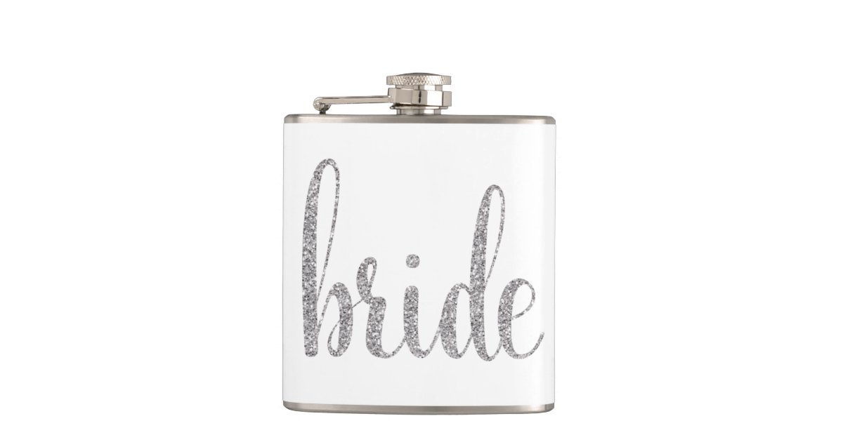 Silver bride flask, glitter font flask | Zazzle