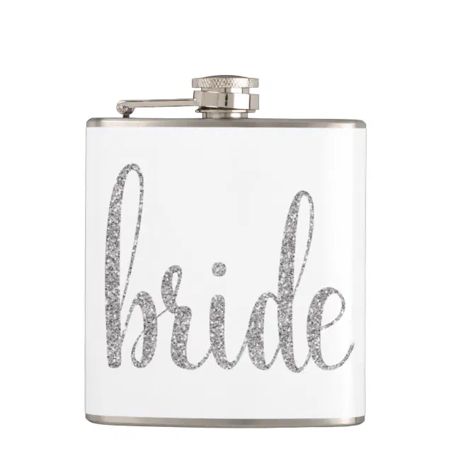 Silver bride flask, glitter font flask | Zazzle