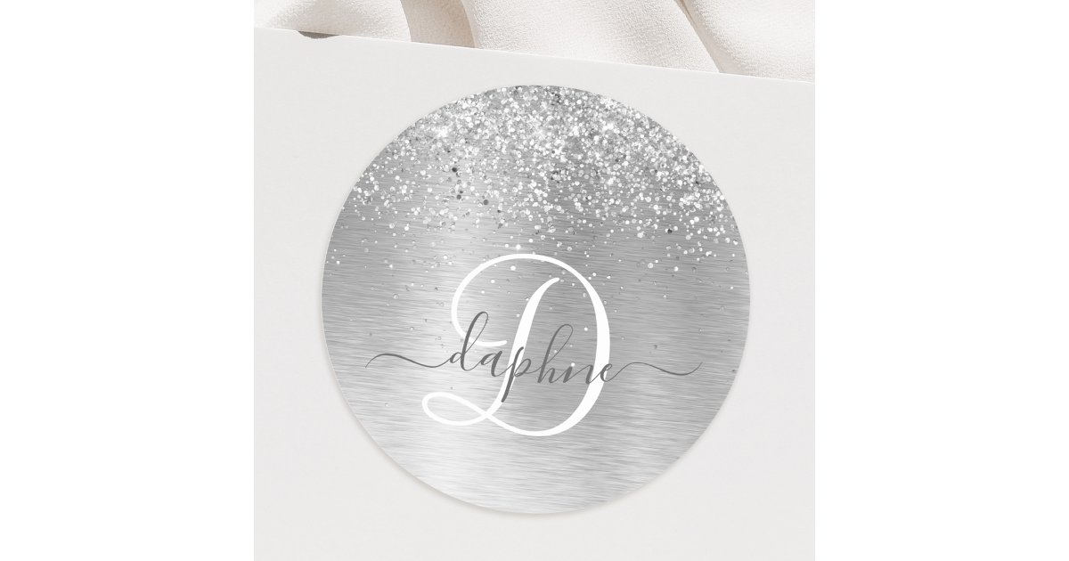 Silver Brushed Metal Glitter Monogram Name Classic Round Sticker | Zazzle