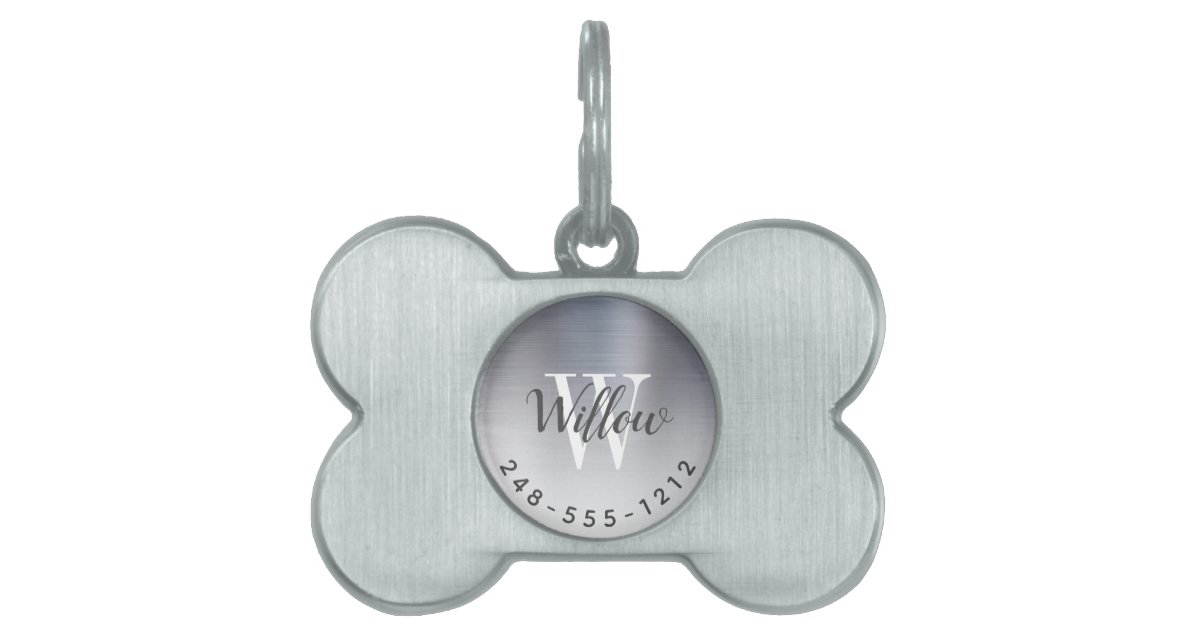 Silver Brushed Metal Monogram Ombre Dog Bone Pet ID Tag | Zazzle