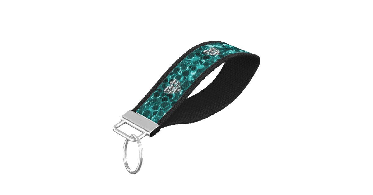 Silver Bubble Hearts on Turquoise Faux Glitter Wrist Keychain | Zazzle