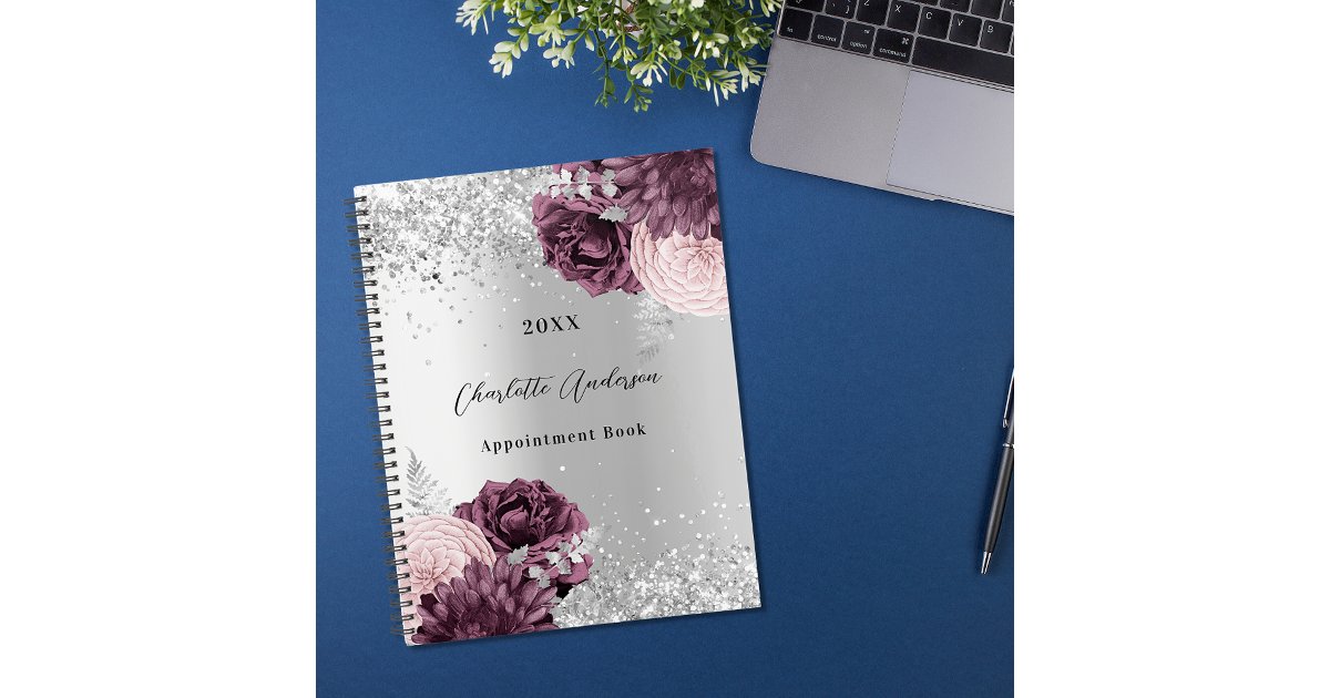 Silver burgundy florals elegant glamorous 2026 planner | Zazzle