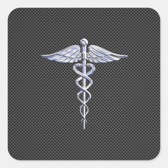 Silver Caduceus Medical Symbol Carbon Fiber Style Square Sticker ...