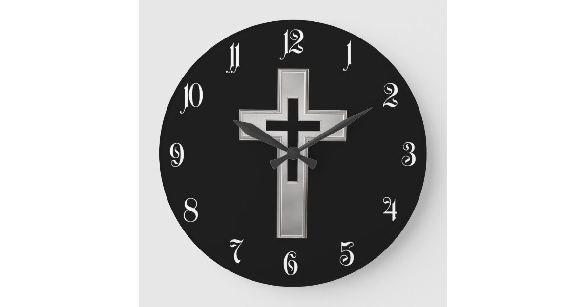 Silver Christian cross Large Clock | Zazzle