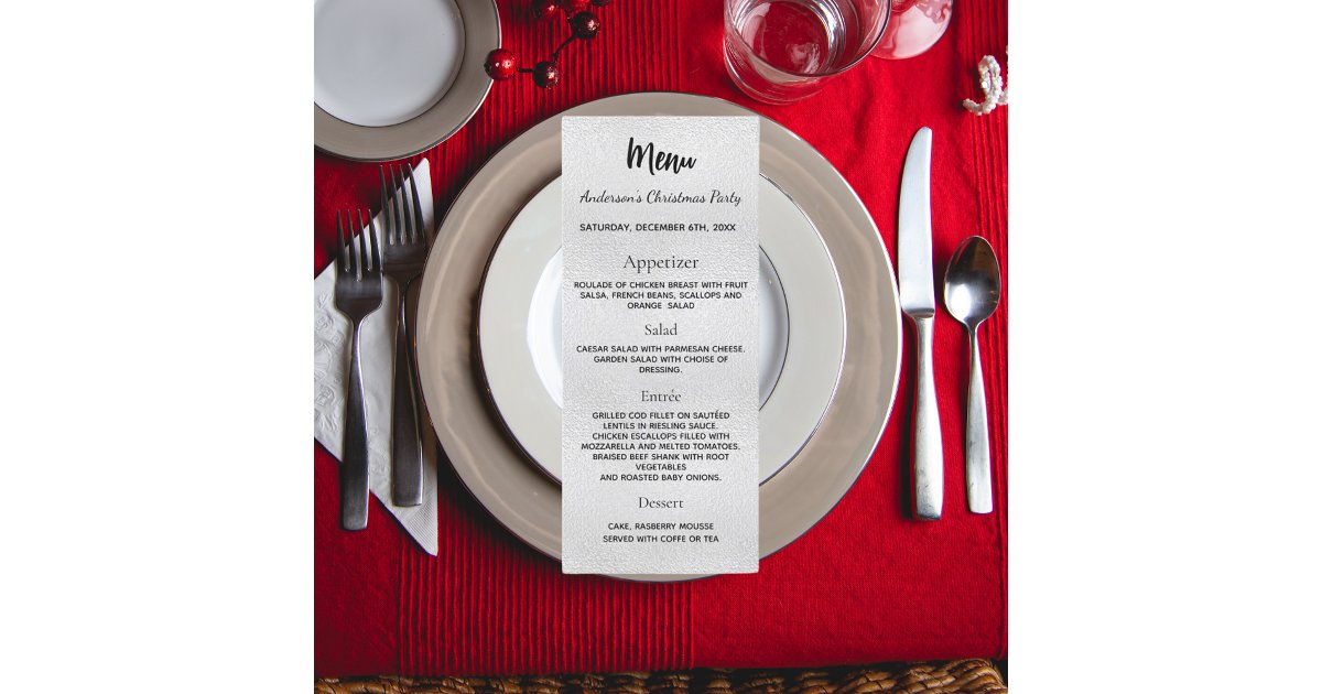 Silver Christmas party dinner menu card | Zazzle