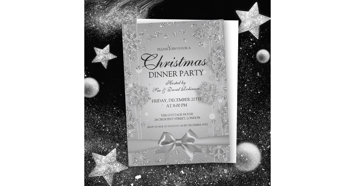 Silver Christmas Party Glitter Winter Bow Invitation | Zazzle