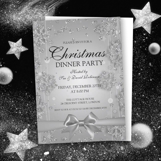 Silver Christmas Party Glitter Winter Bow Invitation | Zazzle