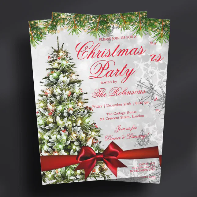 Silver Christmas Party | Xmas Tree Lights & Ribbon Invitation | Zazzle